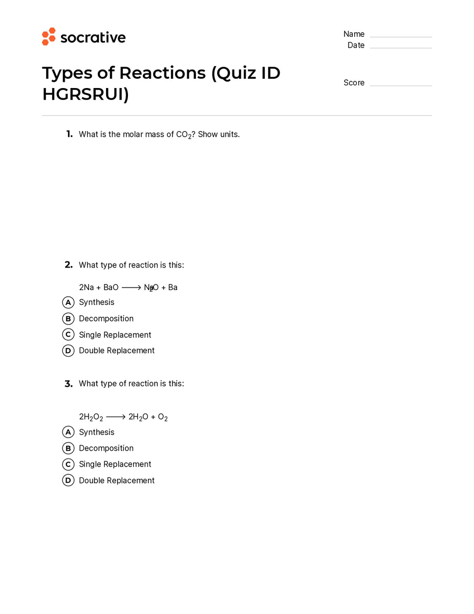 Types Of Reactions – Quiz Shop