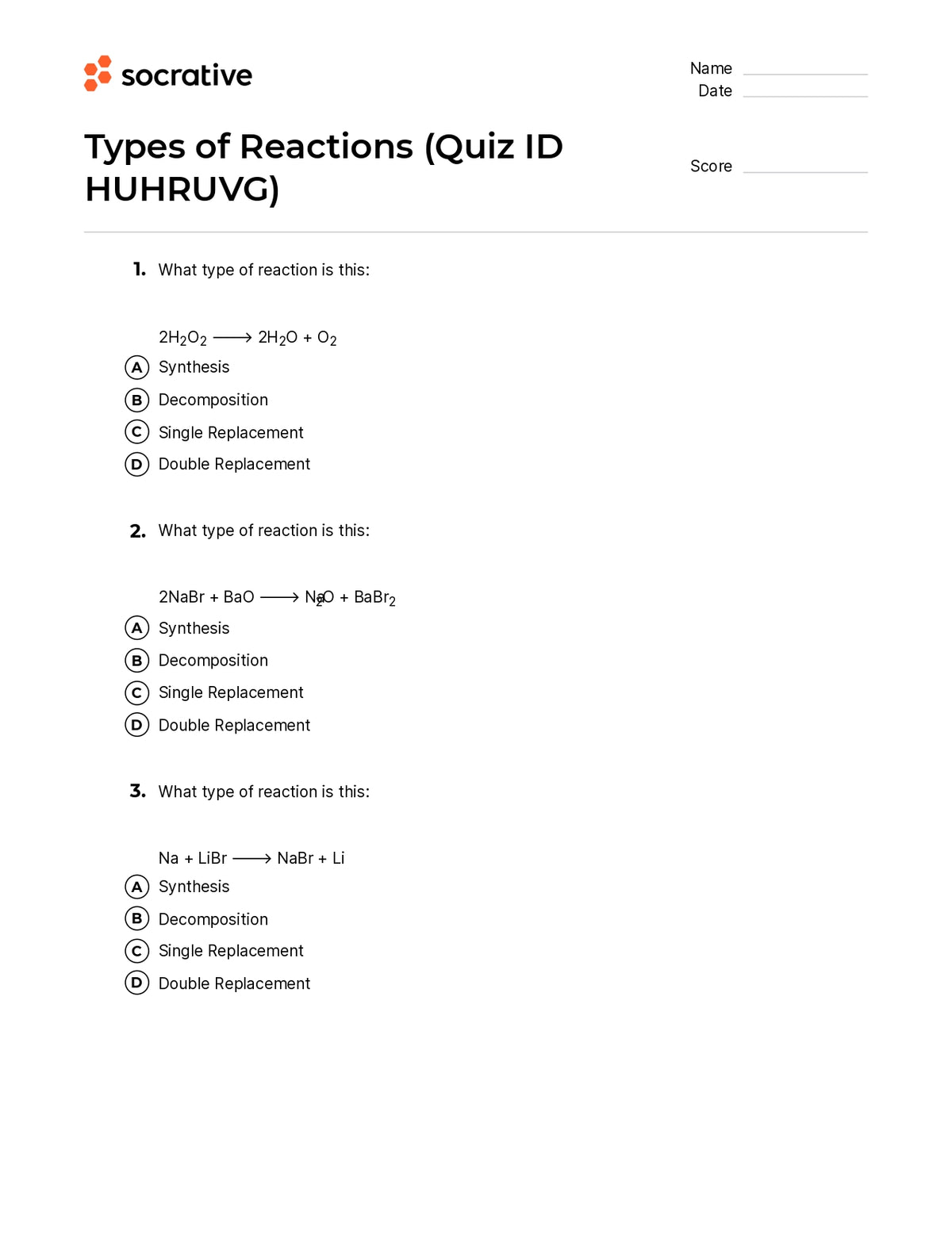 Types Of Reactions – Quiz Shop