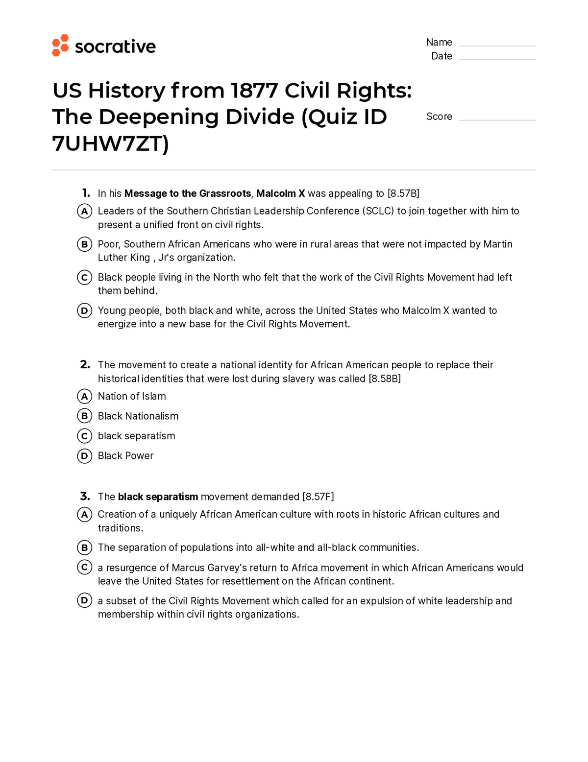 Us History From 1877 Civil Rights The Deepening Divide – Quiz Shop