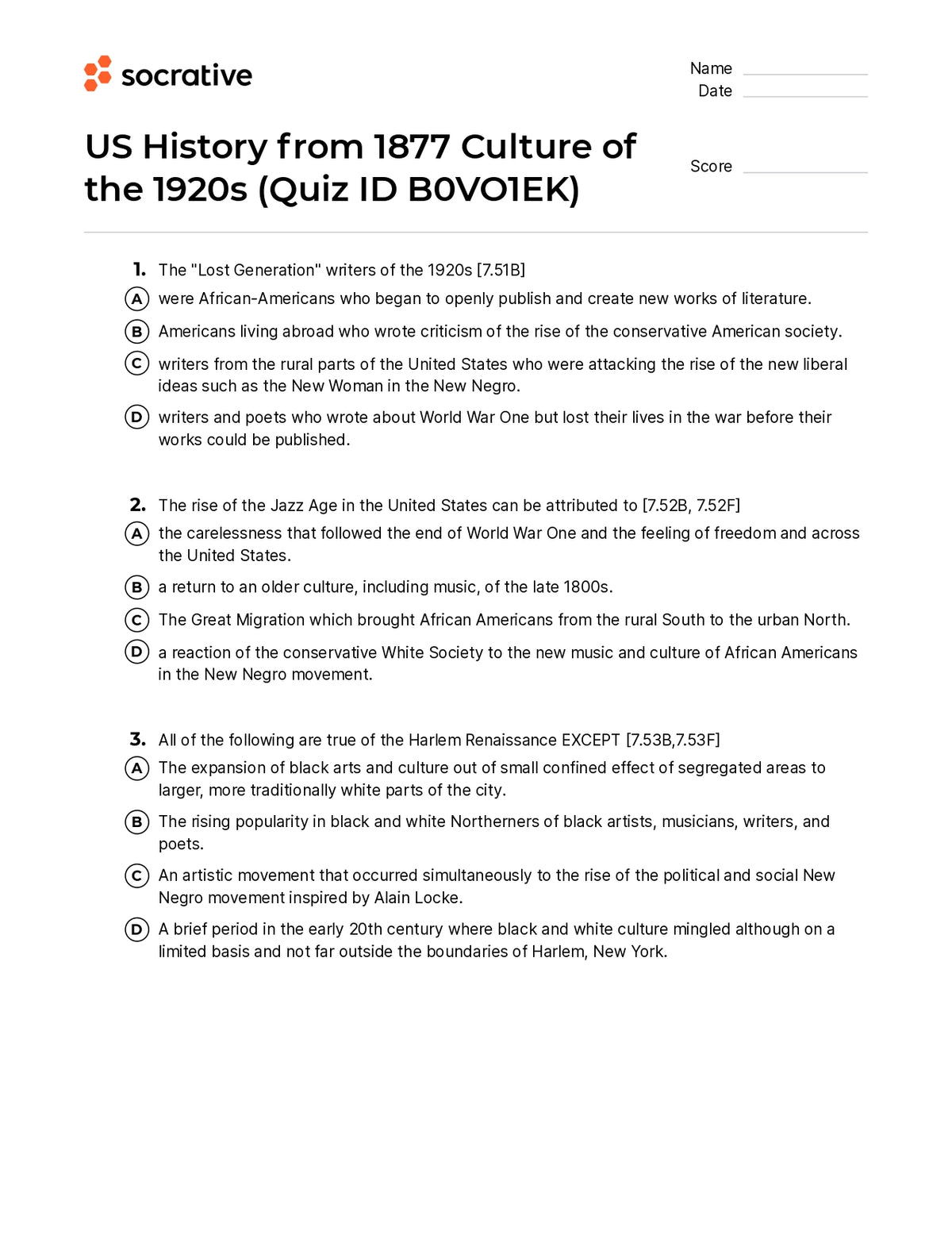 Us History From 1877 Culture Of The 1920S – Quiz Shop