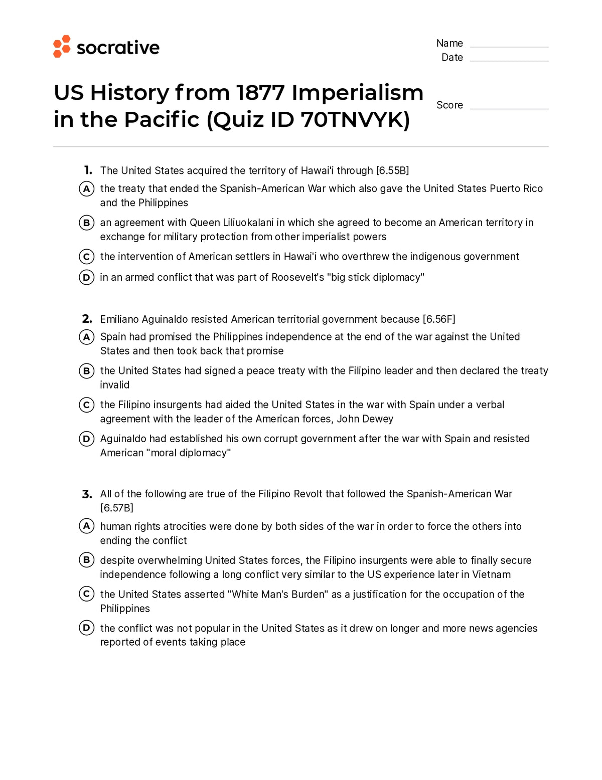 Us History From 1877 Imperialism In The Pacific – Quiz Shop