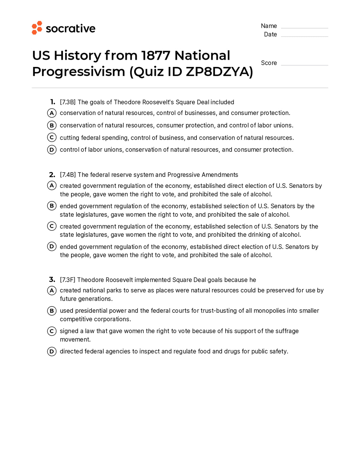 Us History From 1877 National Progressivism – Quiz Shop