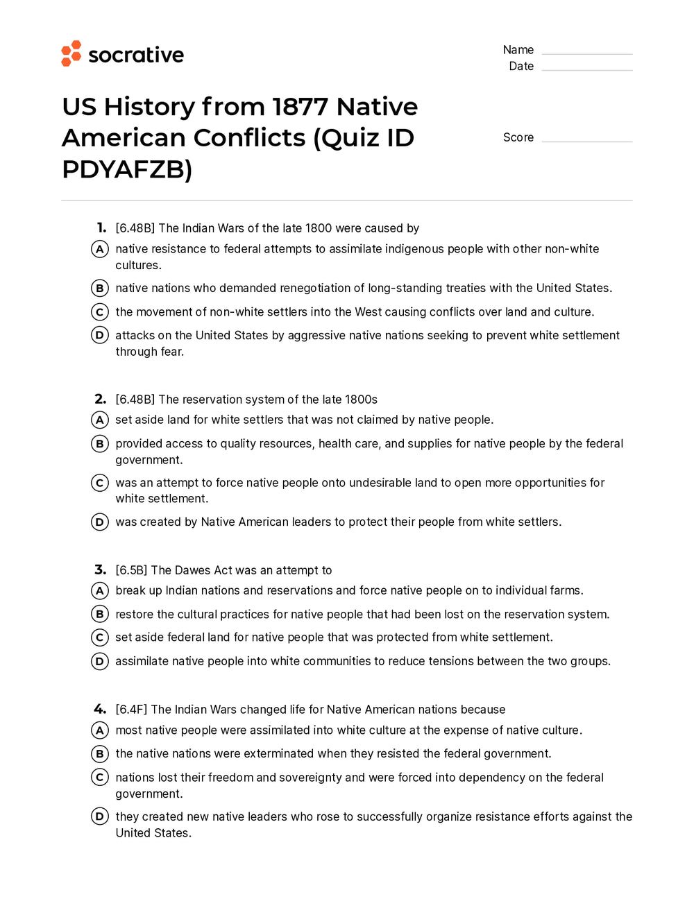 Us History From 1877 Native American Conflicts – Quiz Shop