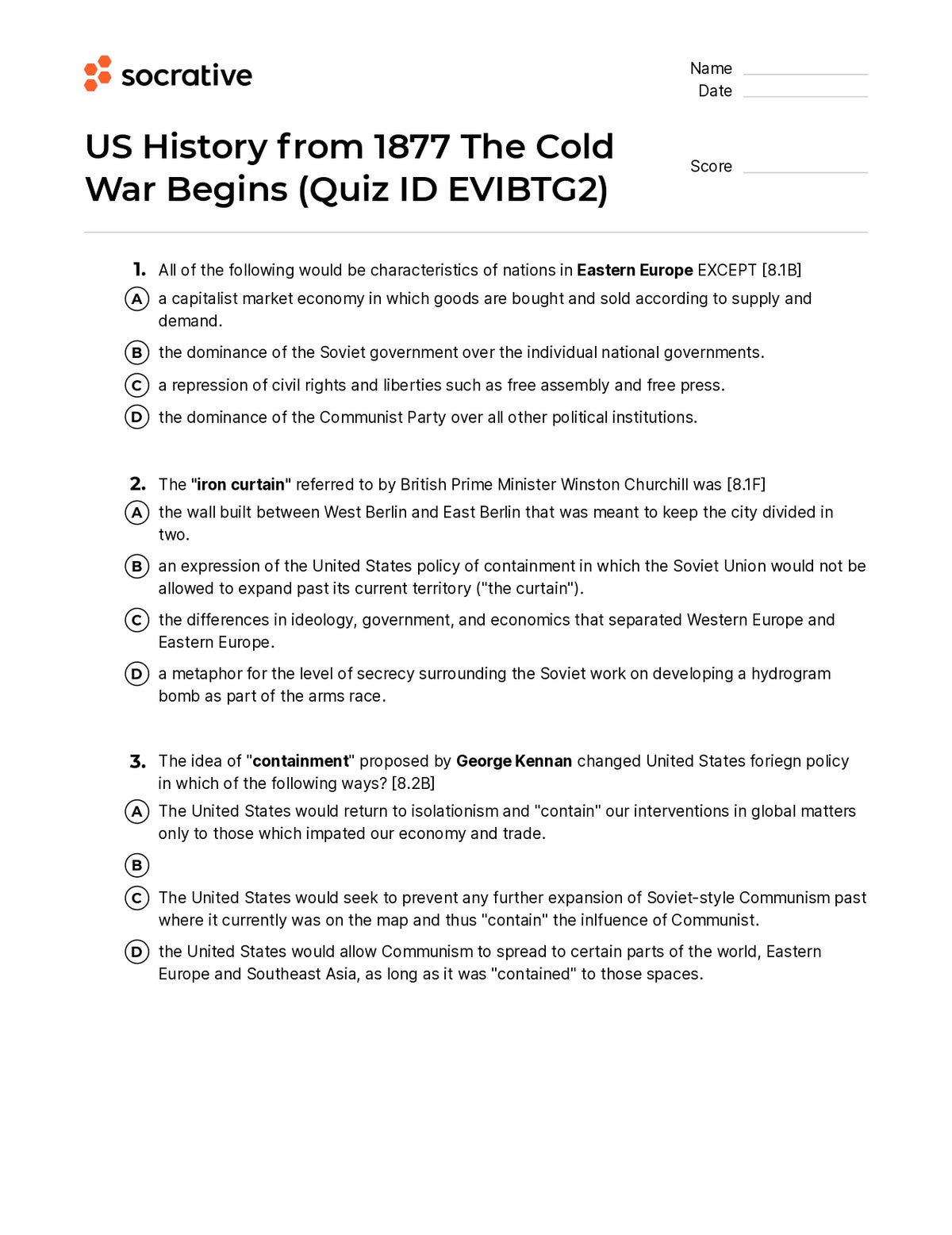 Us History From 1877 The Cold War Begins – Quiz Shop