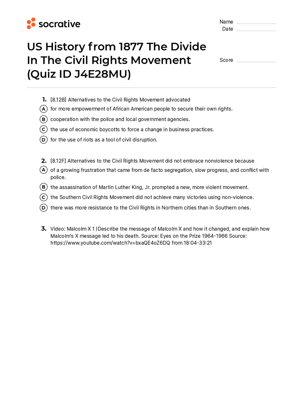 Us History From 1877 The Divide In The Civil Rights Movement – Quiz Shop