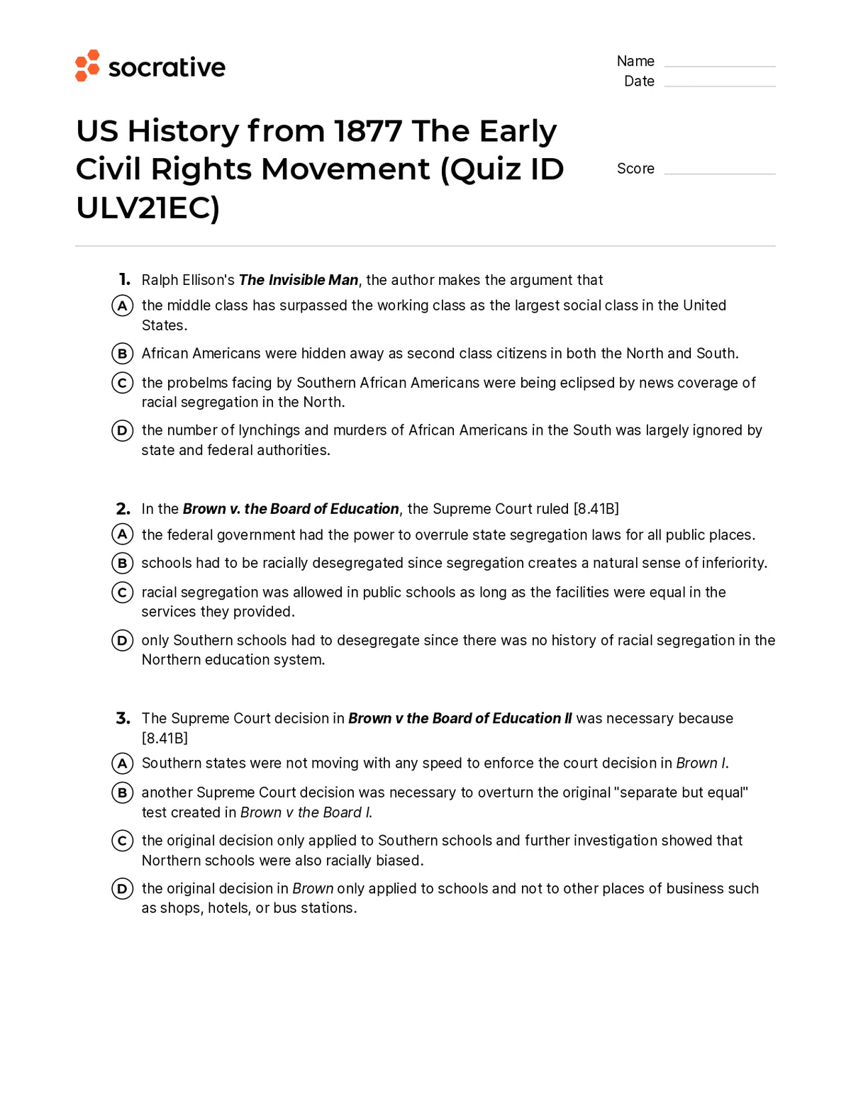 Us History From 1877 The Early Civil Rights Movement – Quiz Shop