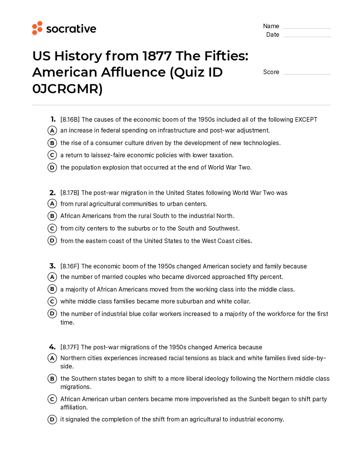 Us History From 1877 The Fifties American Affluence – Quiz Shop