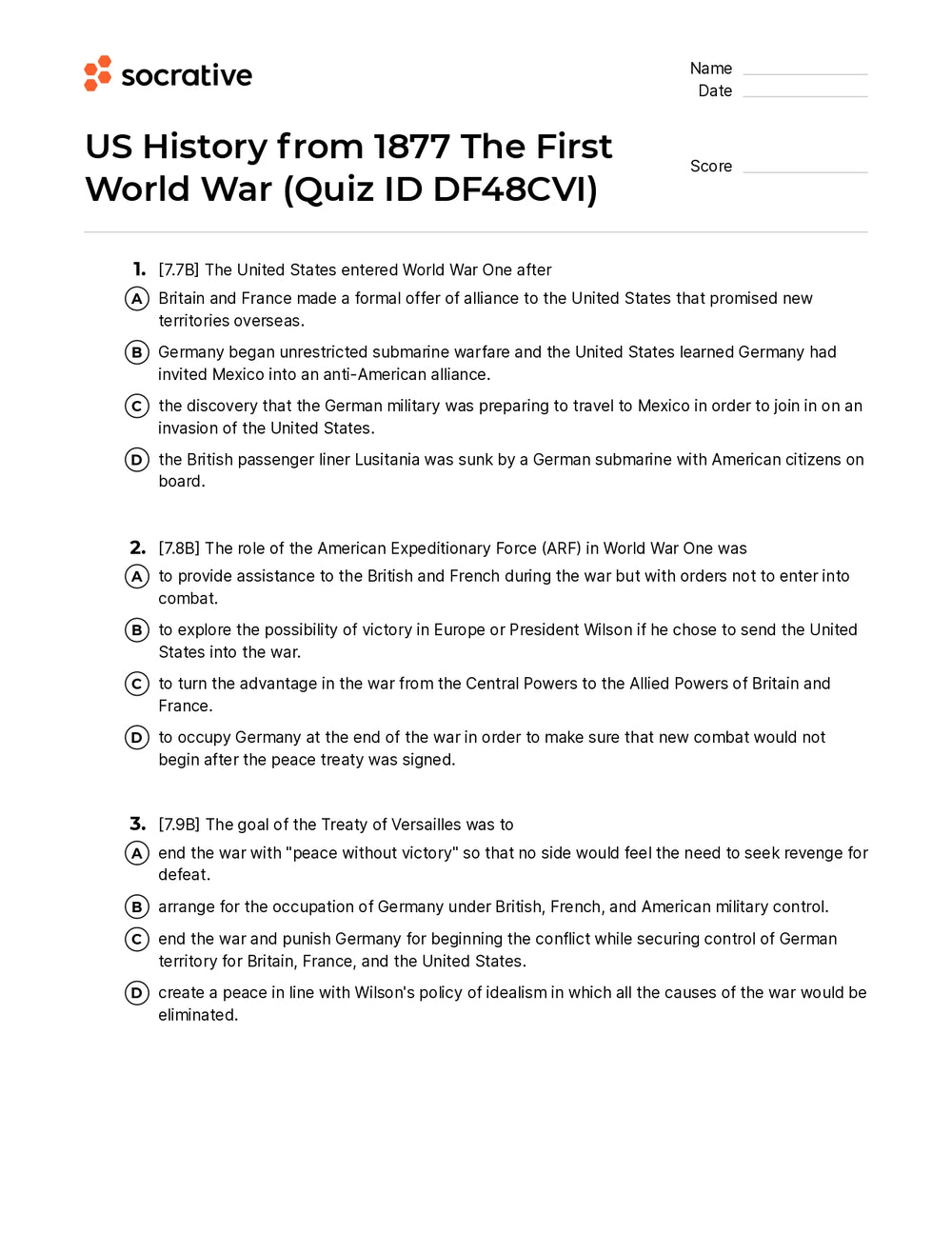 Us History From 1877 The First World War – Quiz Shop