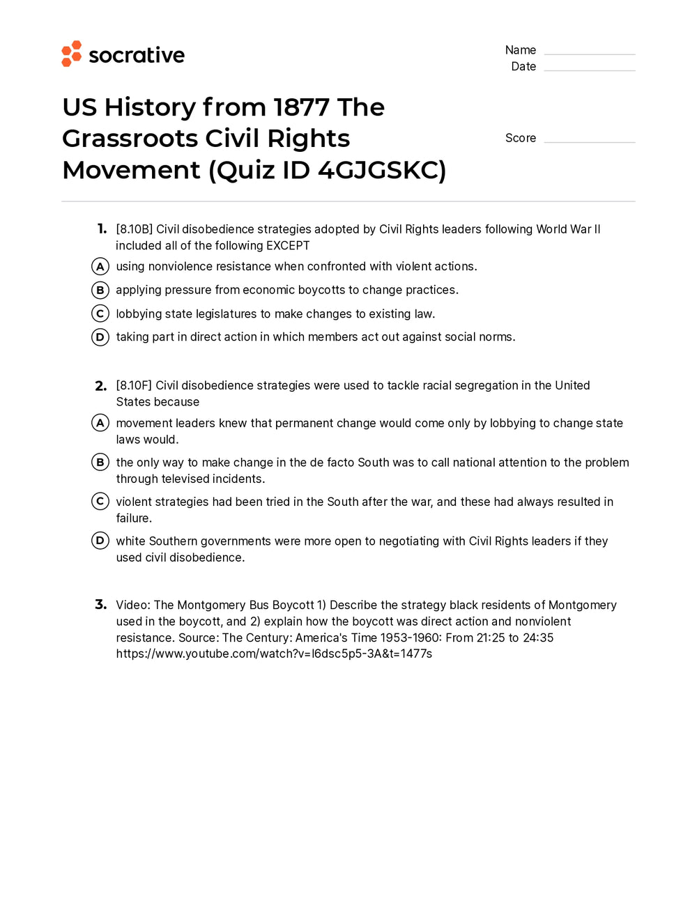 Us History From 1877 The Grassroots Civil Rights Movement – Quiz Shop