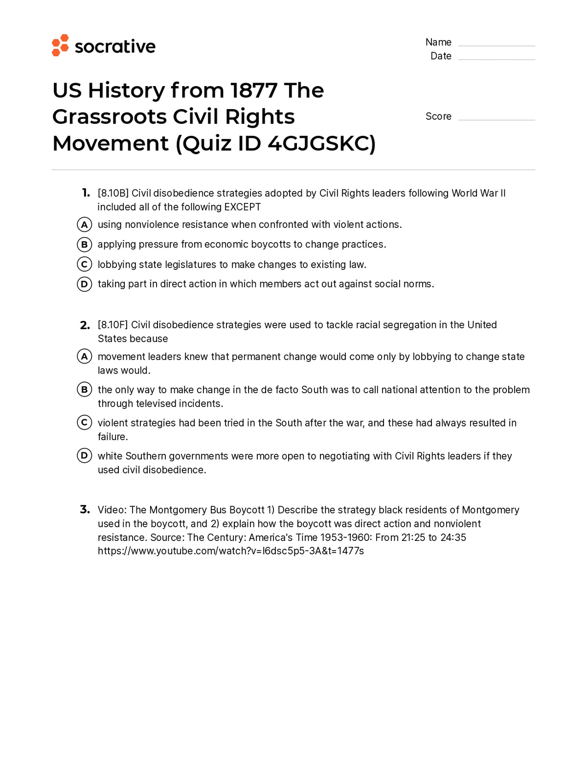 Us History From 1877 The Grassroots Civil Rights Movement – Quiz Shop