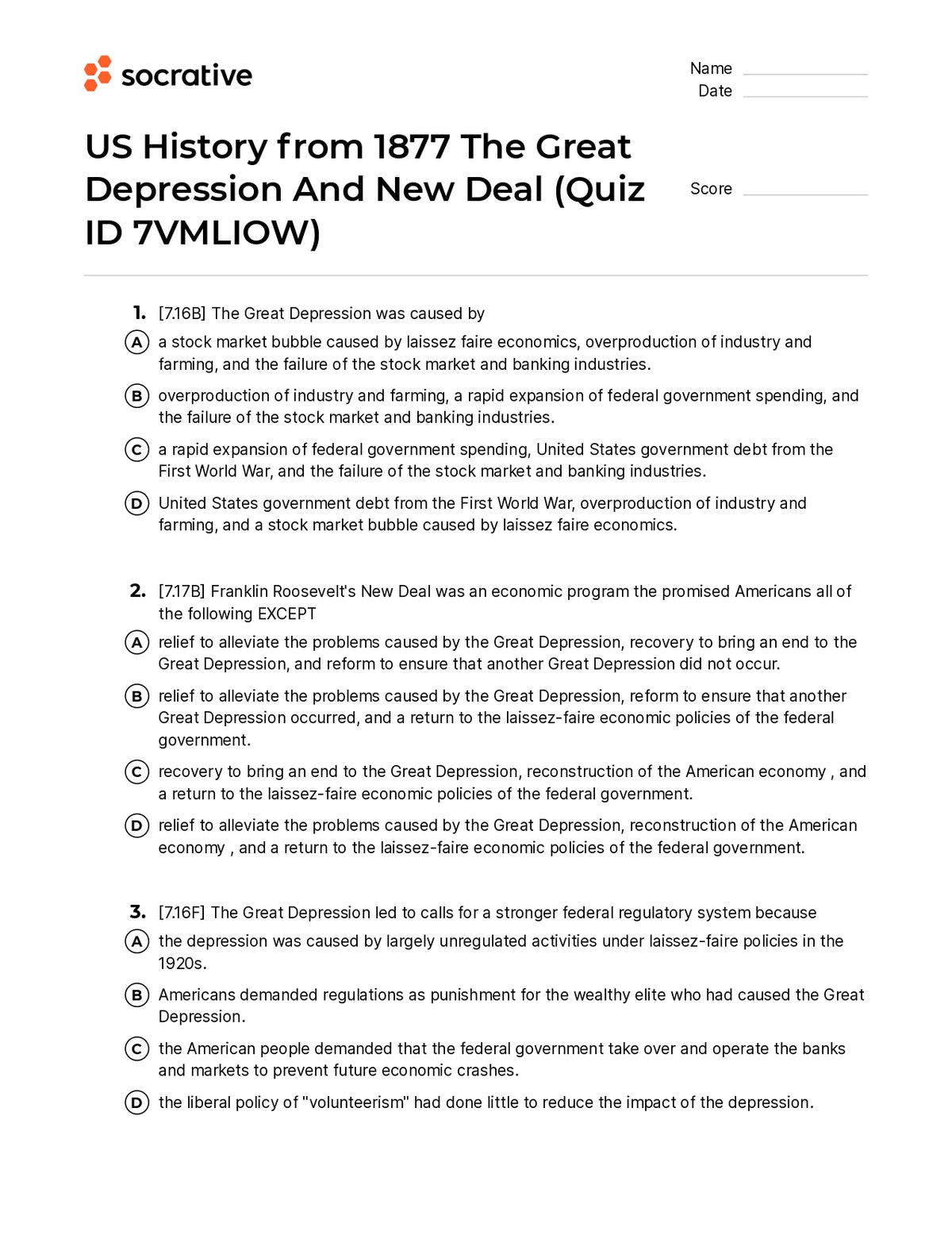 Us History From 1877 The Great Depression And New Deal – Quiz Shop