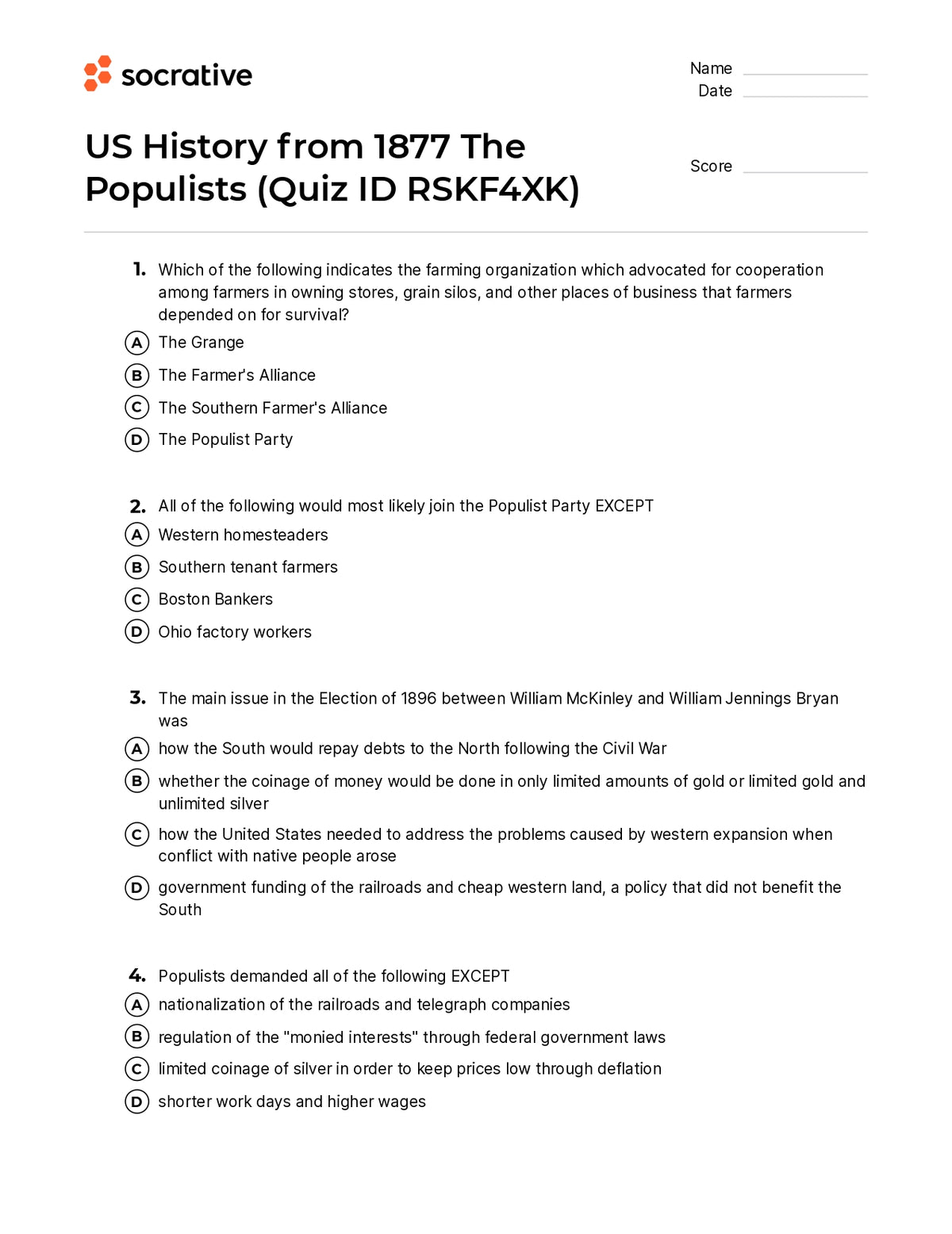 Us History From 1877 The Populists – Quiz Shop