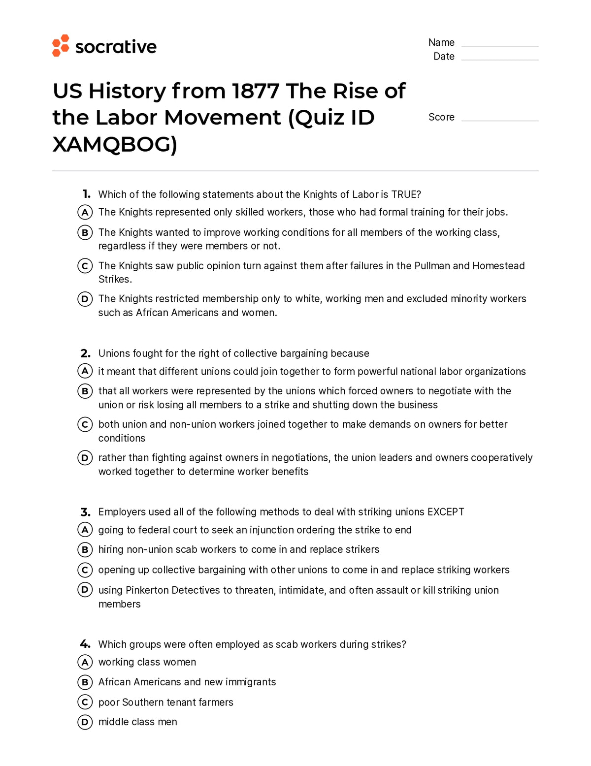 Us History From 1877 The Rise Of The Labor Movement – Quiz Shop