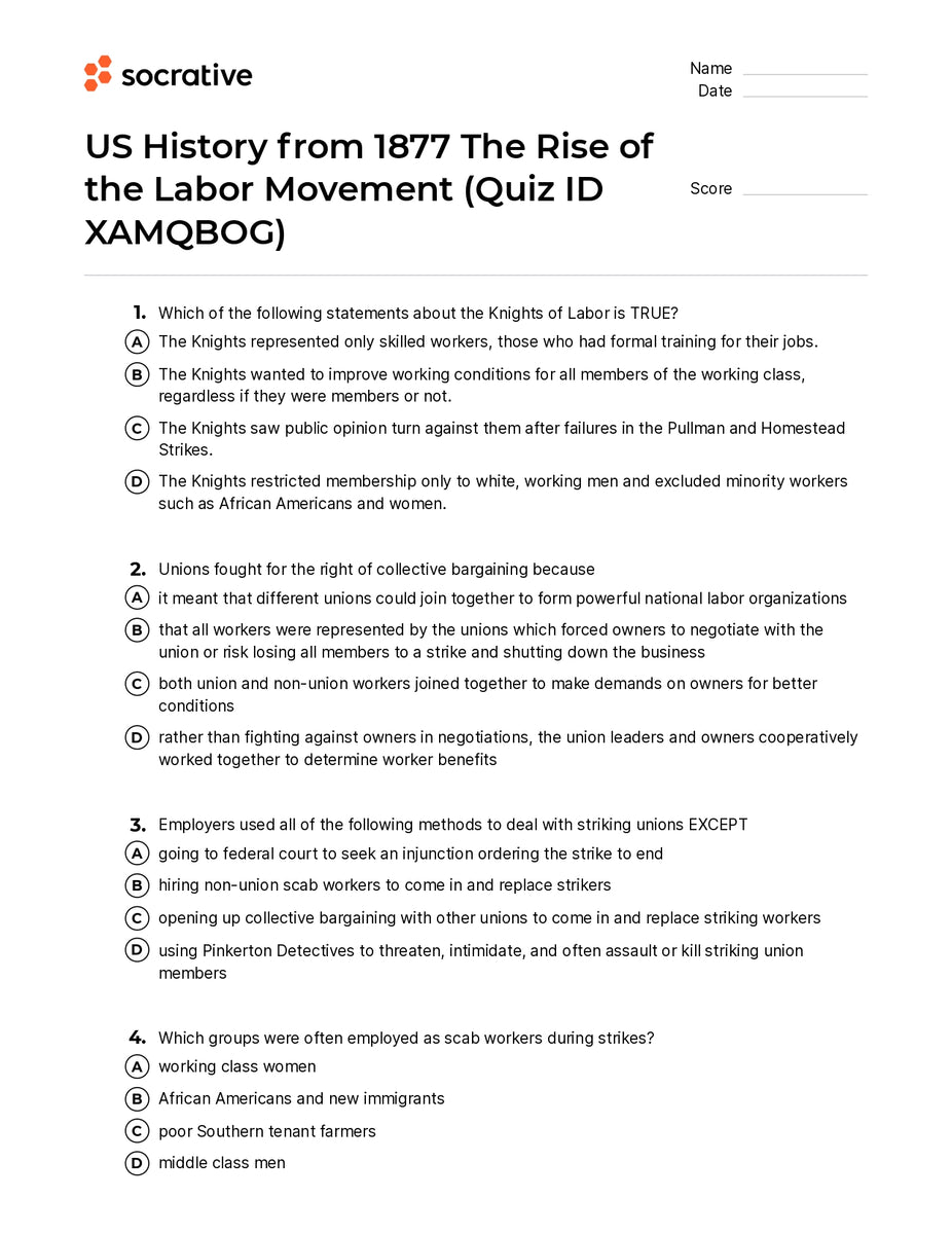 Us History From 1877 The Rise Of The Labor Movement – Quiz Shop
