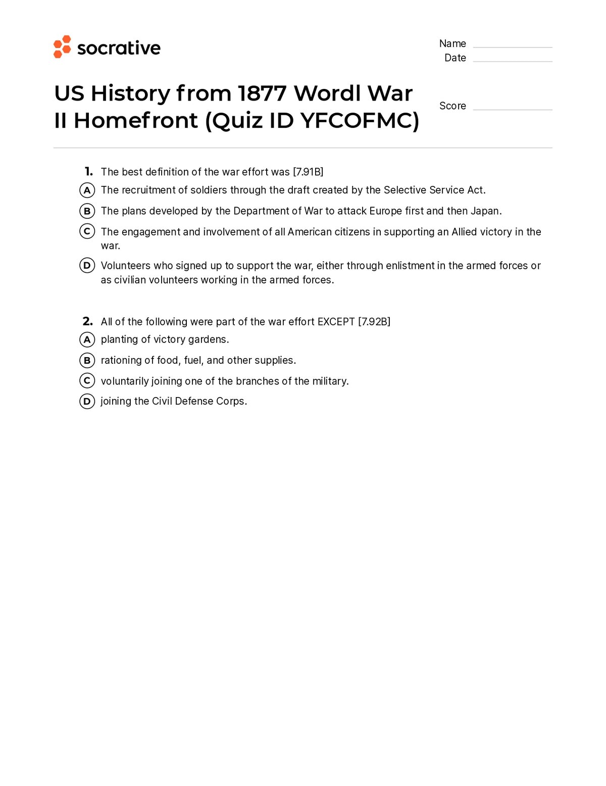 Us History From 1877 Wordl War Ii Homefront – Quiz Shop
