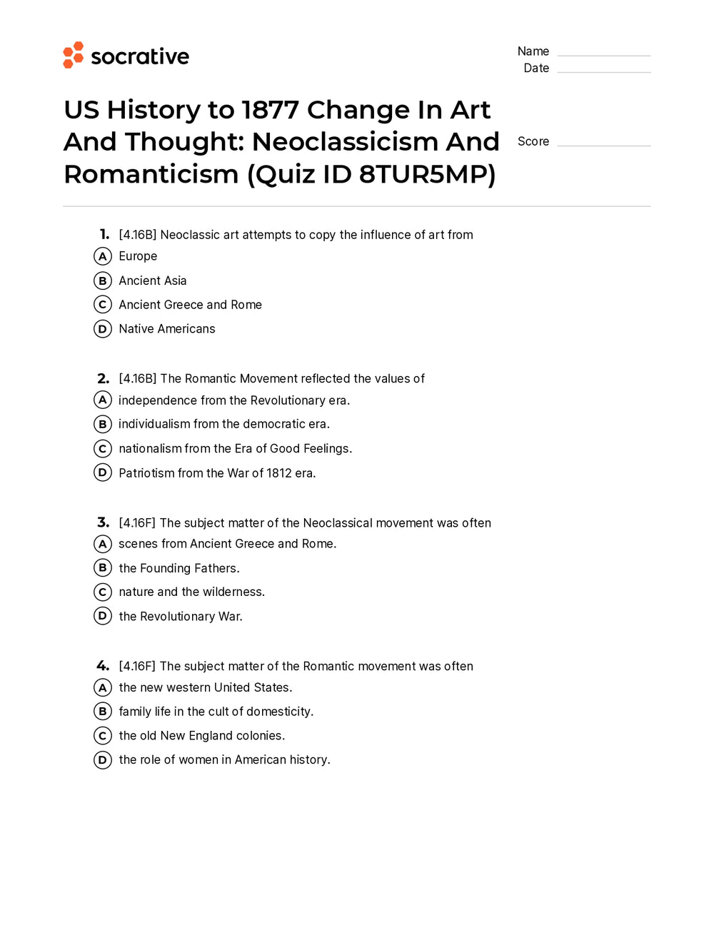 Us History To 1877 Change In Art And Thought Neoclassicism And Romanti ...