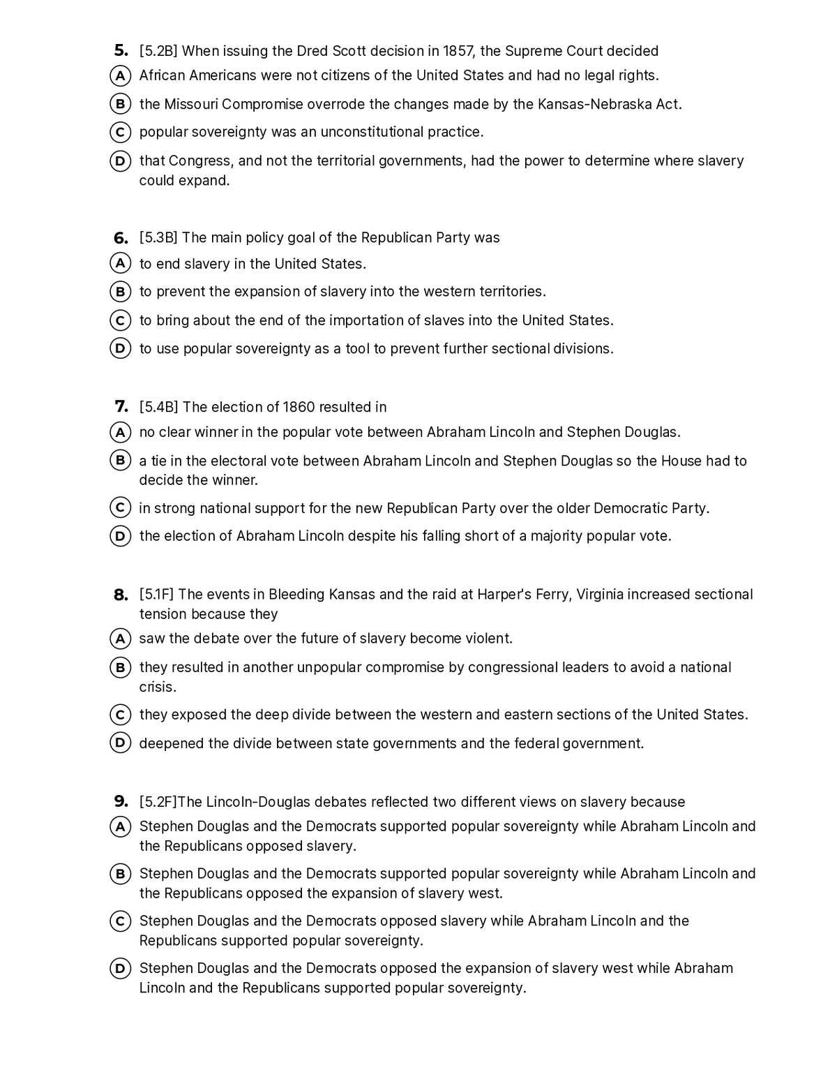 Us History To 1877 Sectionalism And The Coming Civil War – Quiz Shop