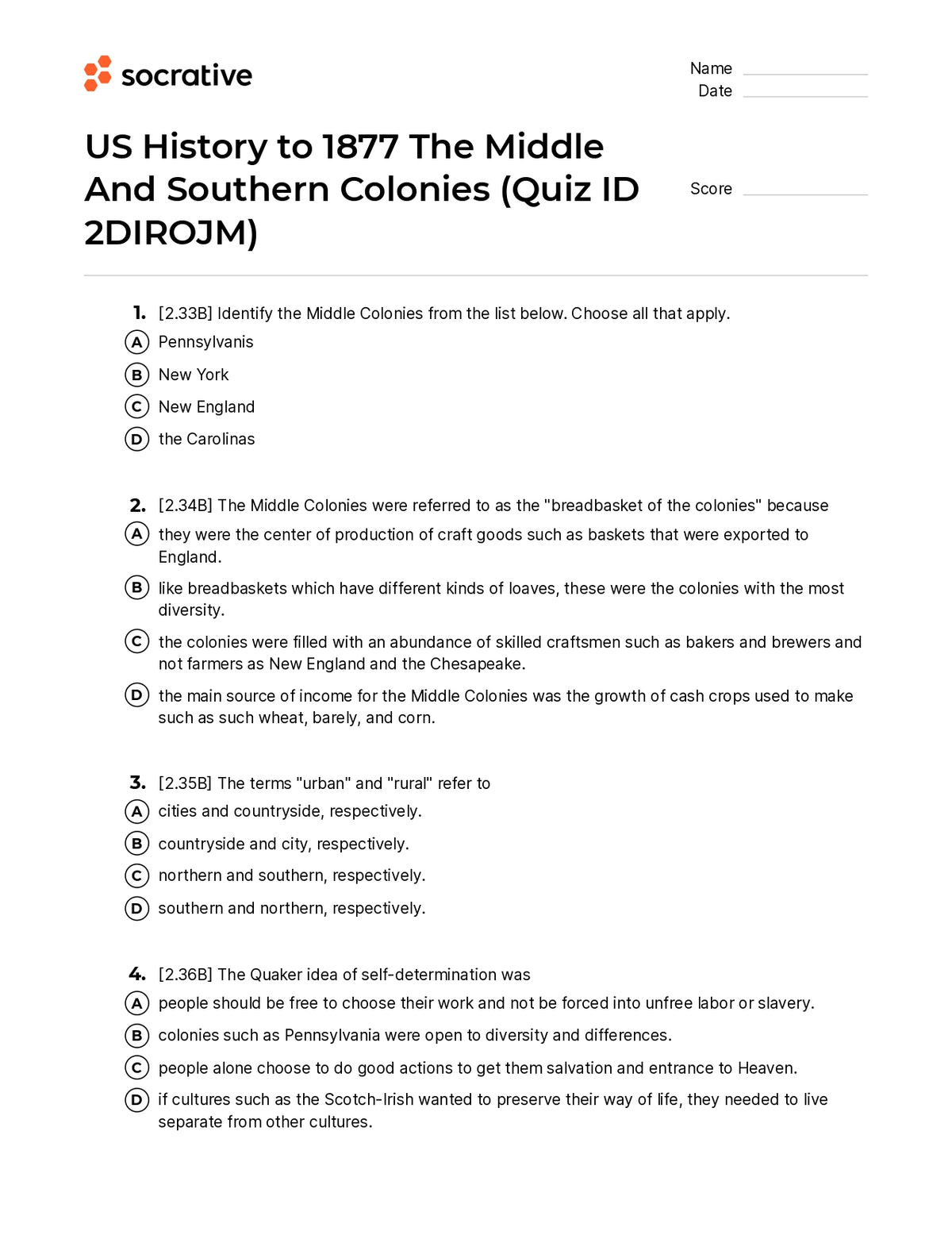 Us History To 1877 The Middle And Southern Colonies – Quiz Shop