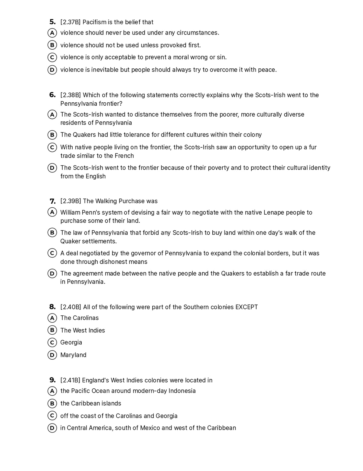 Us History To 1877 The Middle And Southern Colonies – Quiz Shop