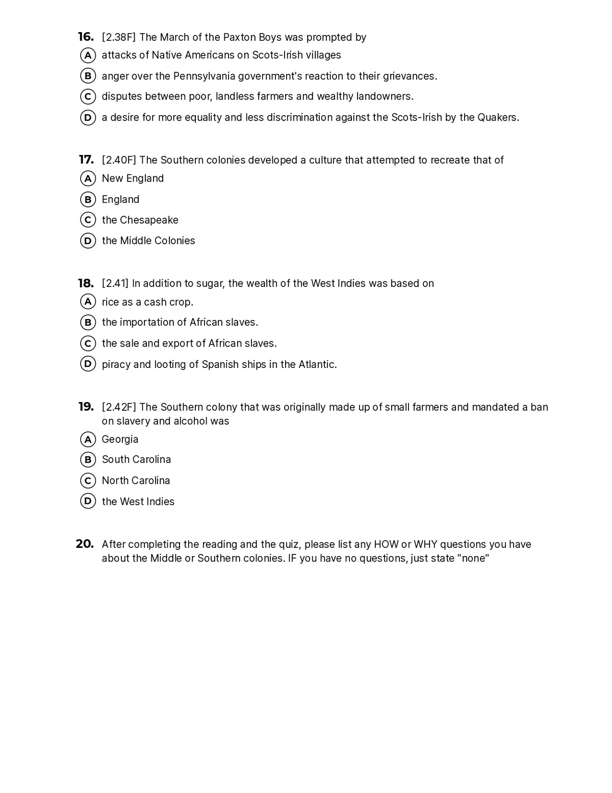Us History To 1877 The Middle And Southern Colonies – Quiz Shop
