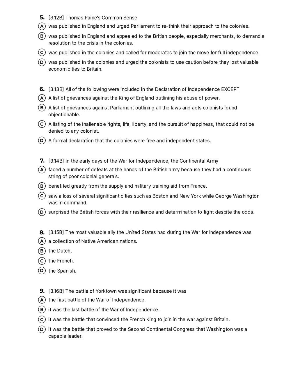 Us History To 1877 The War For Independence – Quiz Shop