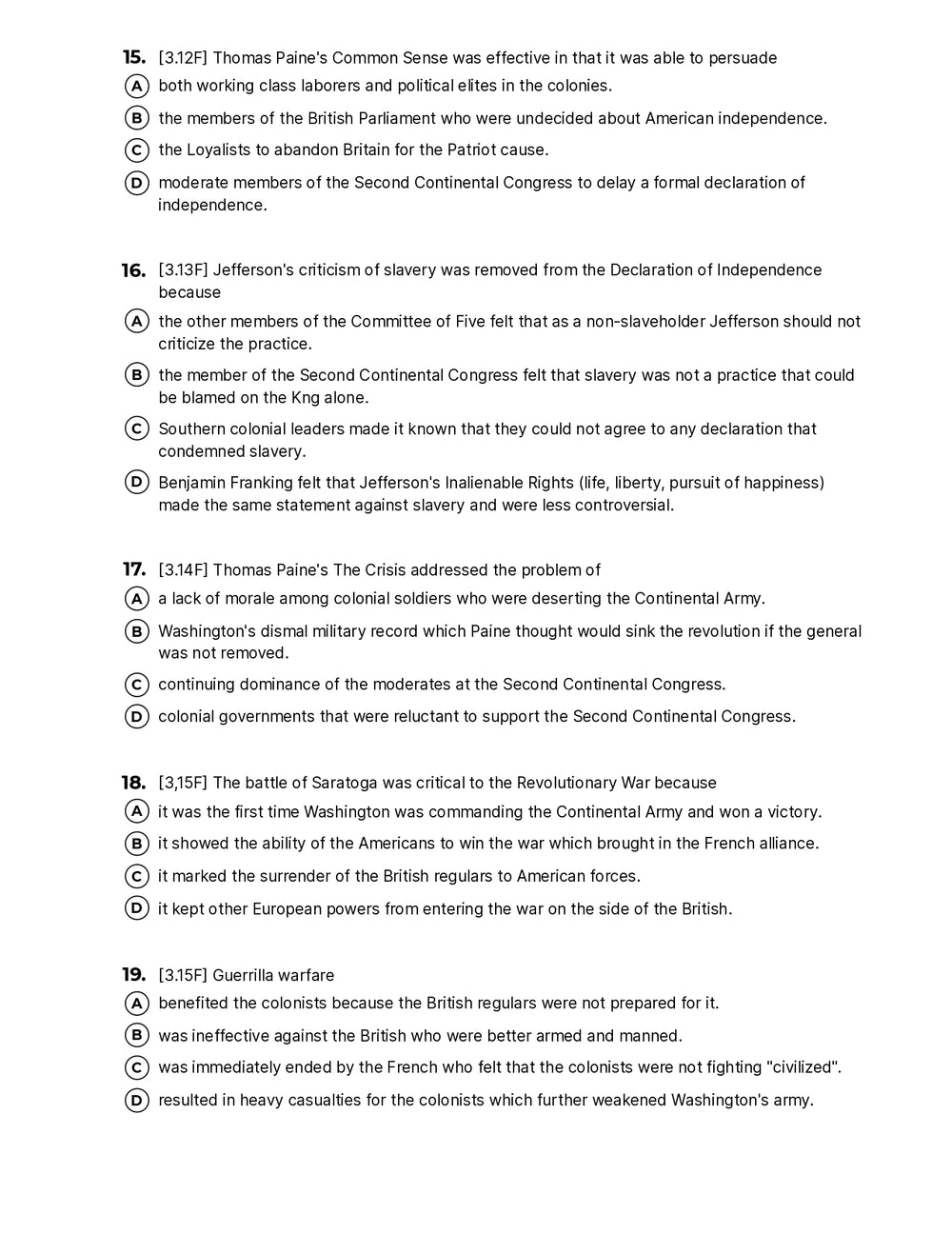 Us History To 1877 The War For Independence – Quiz Shop