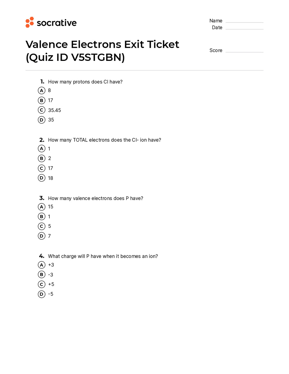 Valence Electrons Exit Ticket – Quiz Shop