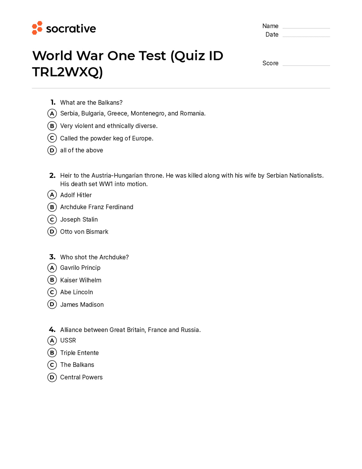 World War One Test – Quiz Shop
