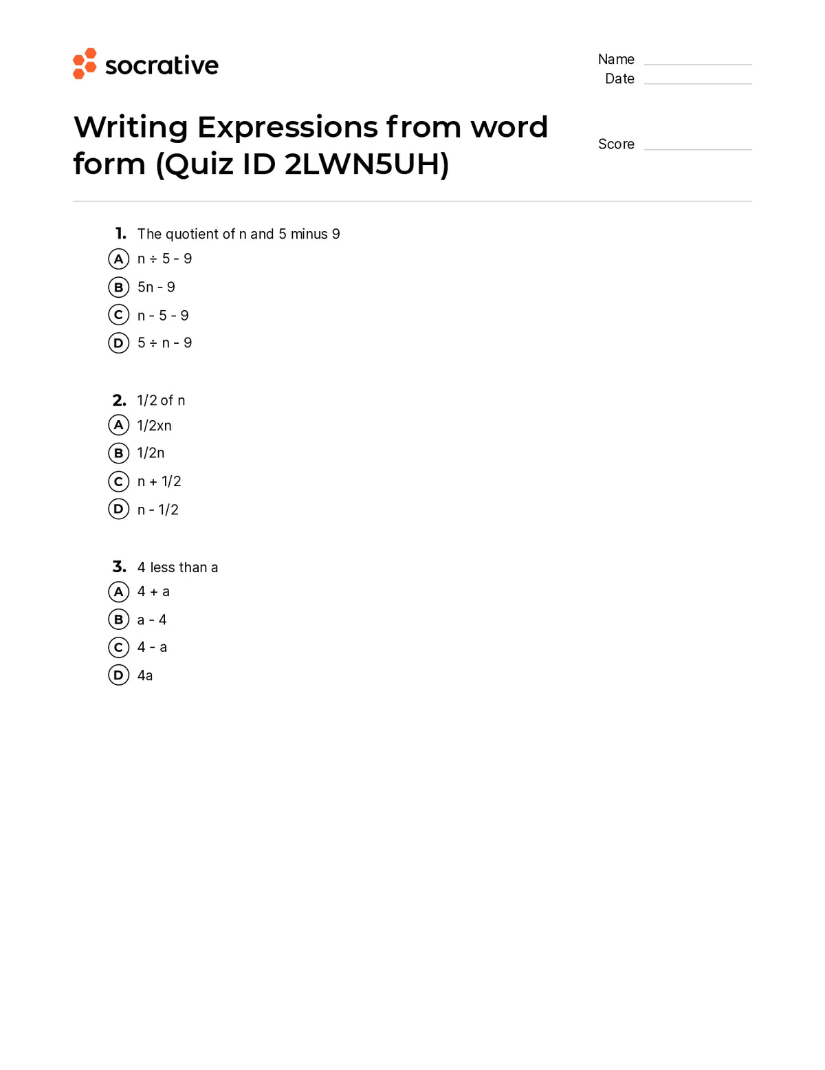 Writing Expressions From Word Form – Quiz Shop