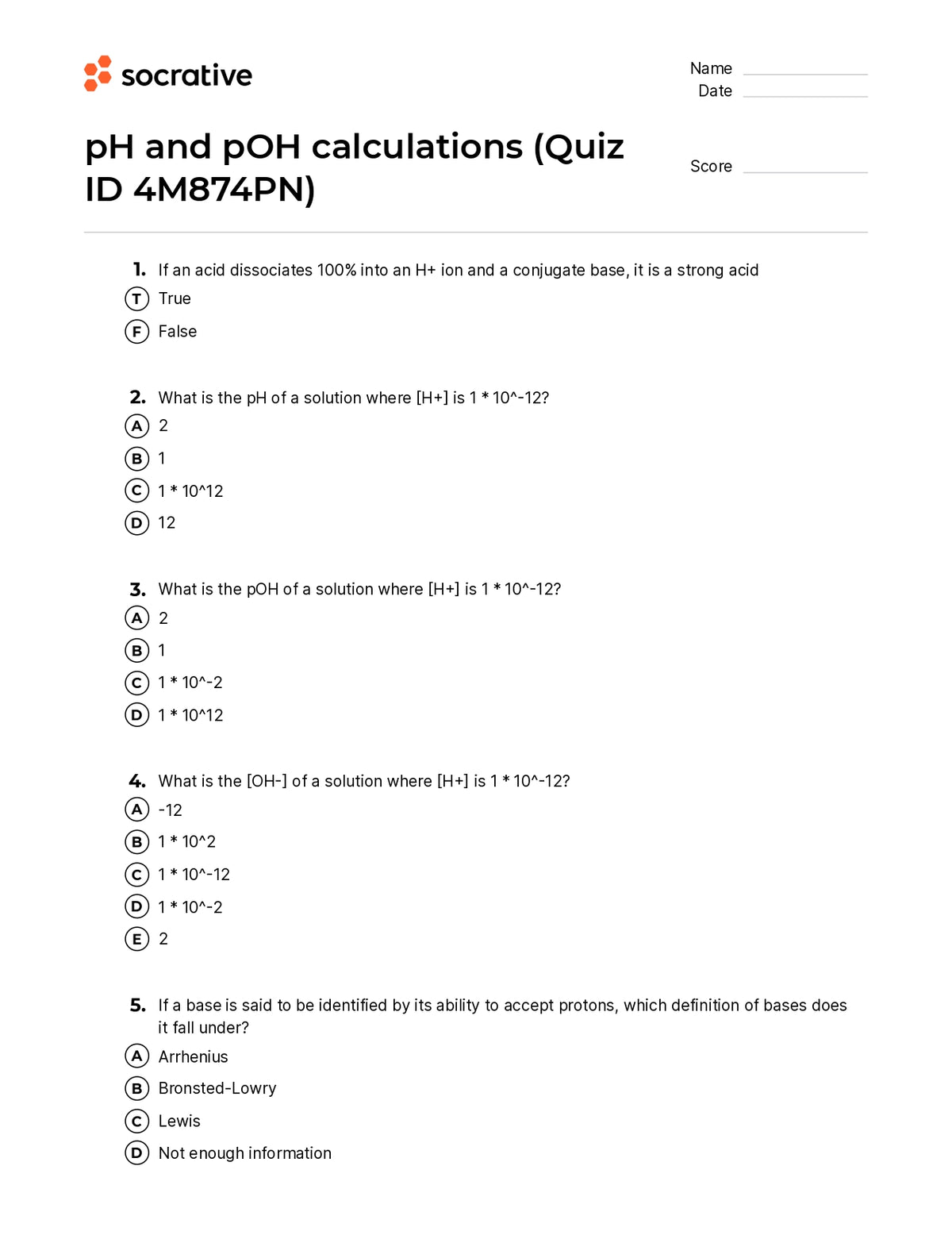 Ph And Poh Calculations – Quiz Shop